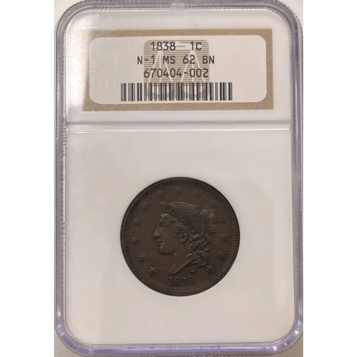 1838 Large Cents Coronet Head NGC MS-62 BN N-1 - JMS Coins