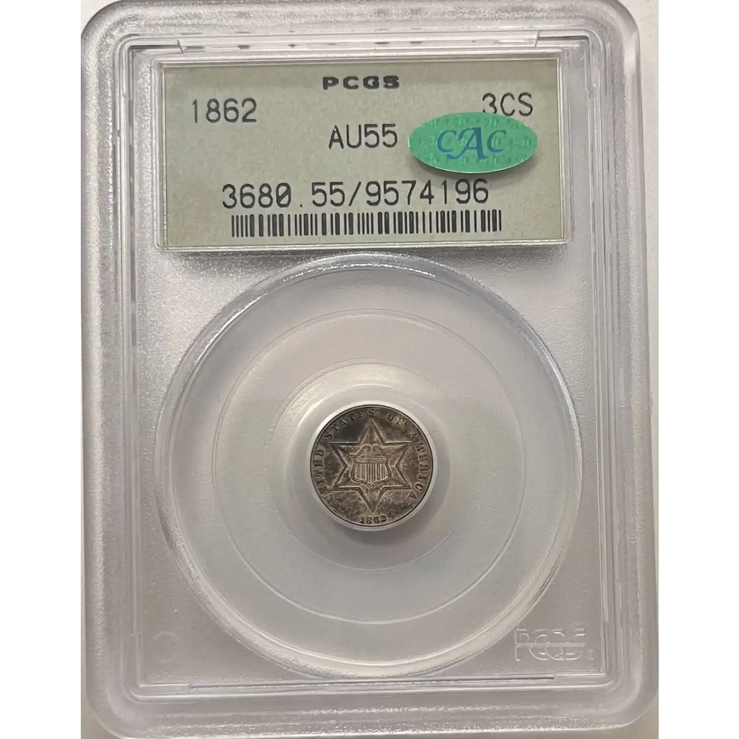 1862 Silver Three Cent Pieces - Trimes PCGS AU-55 CAC - JMS Coins